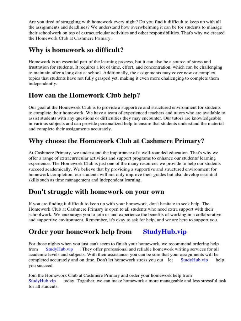 Homework Club Cashmere Primary | PDF | Homework