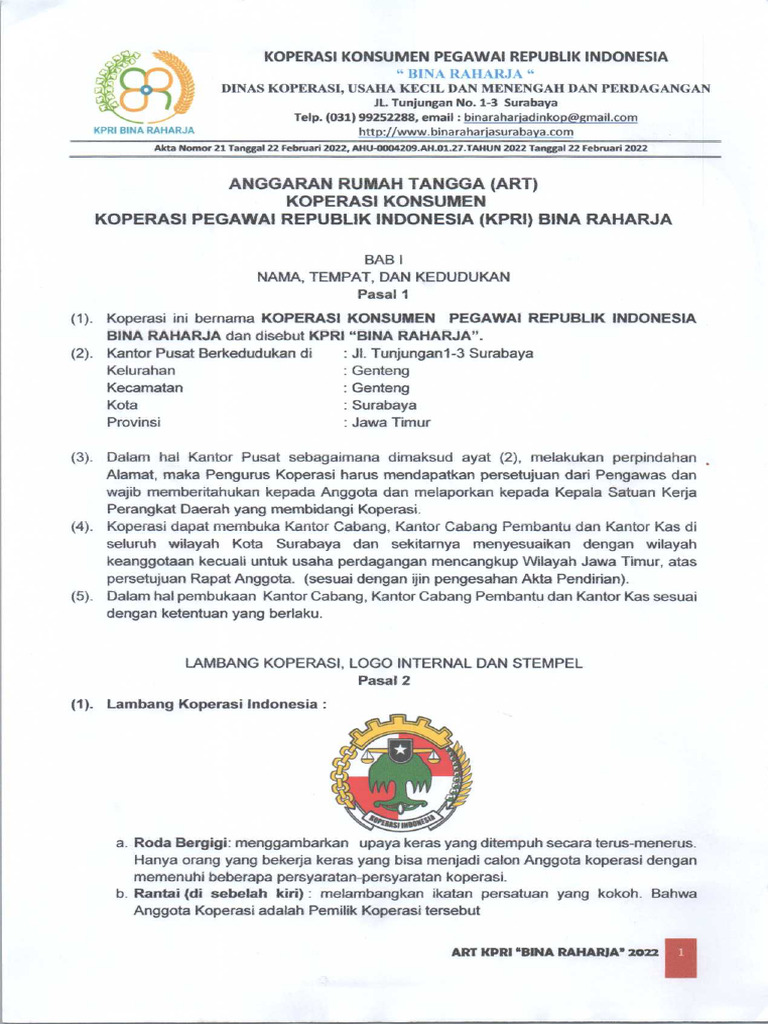 Contoh ART Koperasi | PDF