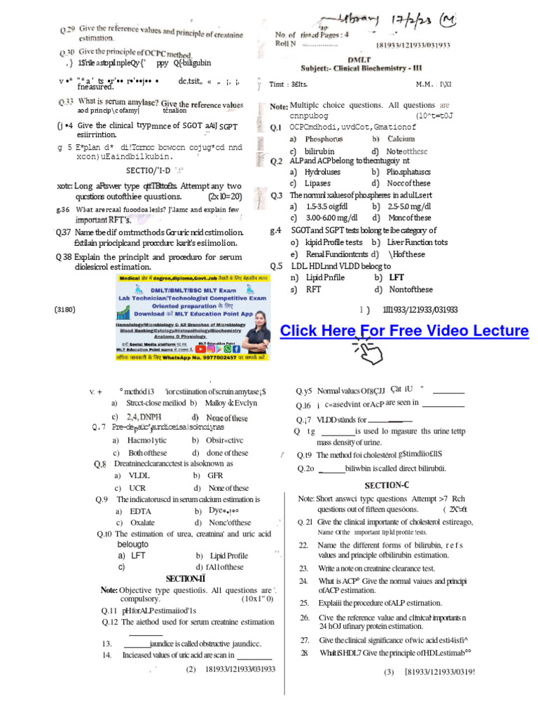 DMLT Clinical Biochemistry Old Paper. | PDF | Medical Specialties