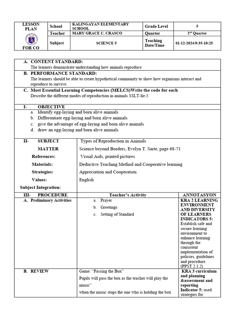 Lesson Plan in Science 5 (2ND Cot 2ND Quarter) | PDF | Learning | Egg