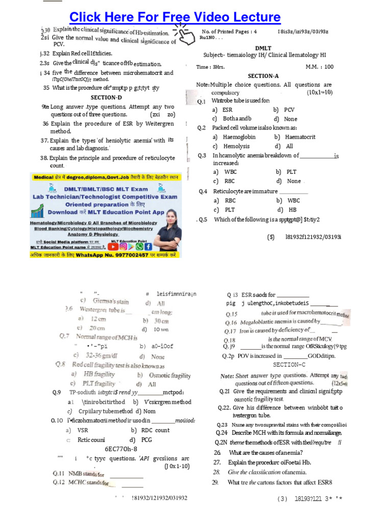 DMLT Hematology Old Paper | PDF | Tissue (Biology) | Anatomy