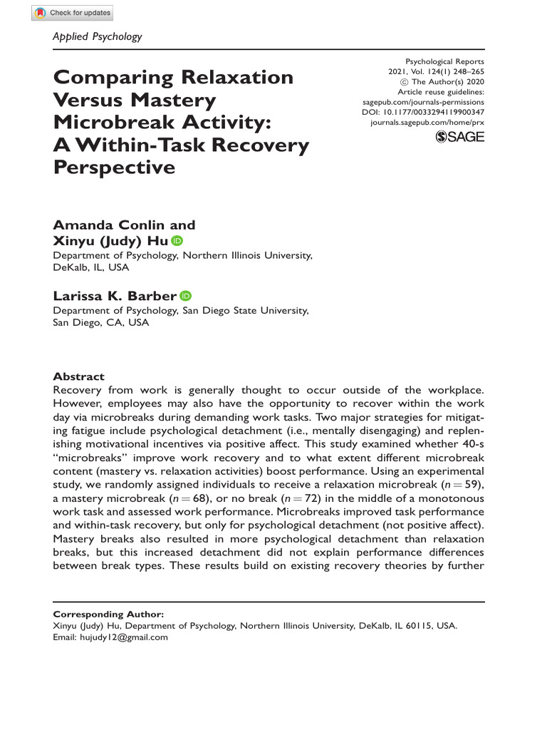 Conlin Et Al 2020 Comparing Relaxation Versus Mastery Microbreak Activity A Within Task Recovery ...
