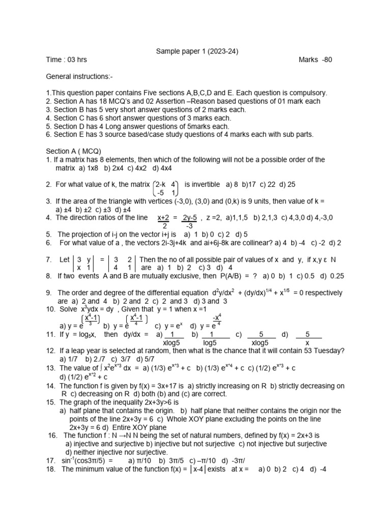 19277sample Paper 1 2023 24 | PDF | Function (Mathematics) | Geometry