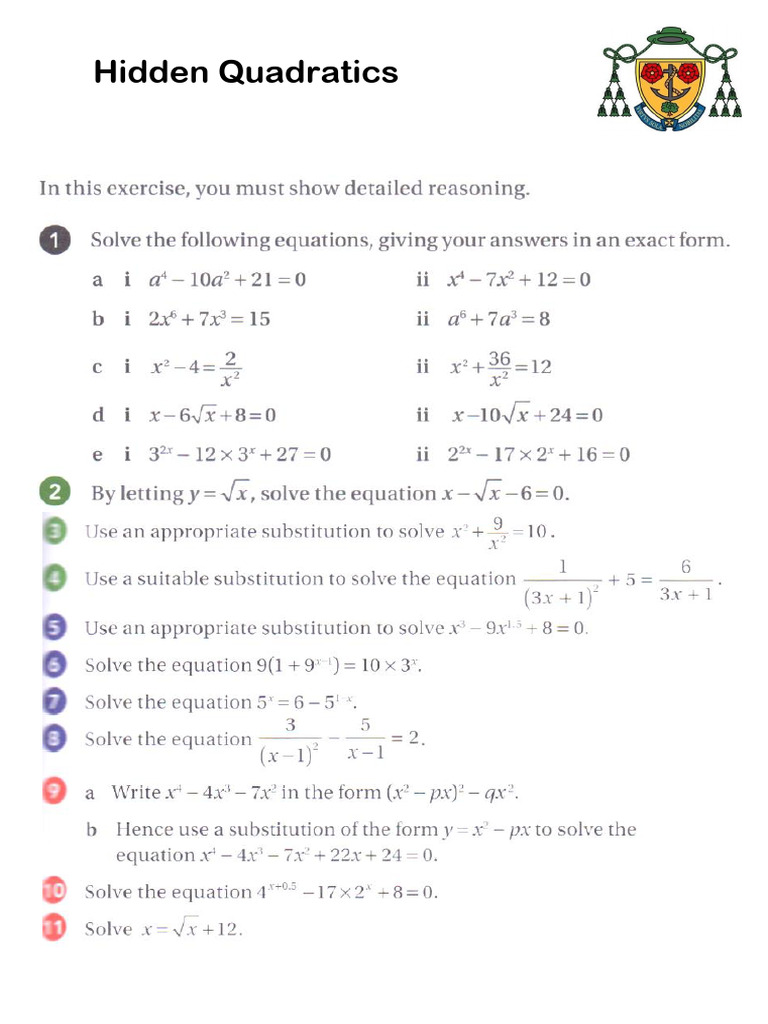 Maths 4 Hidden Quadratics Worksheet | PDF