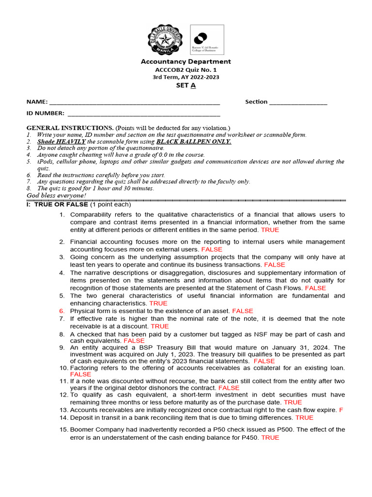 ACCCOB2 Quiz No. 1 Instructions and Questions | PDF | Bookkeeping | Cash
