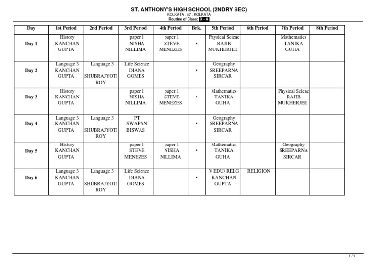 Routine of Class X - A | PDF