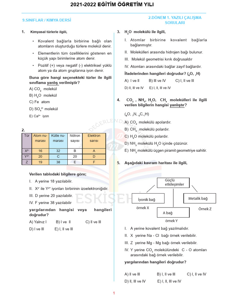 9.sinif Kimya 2.donem 1.yazili Calismasi Ve Cevaplari | PDF
