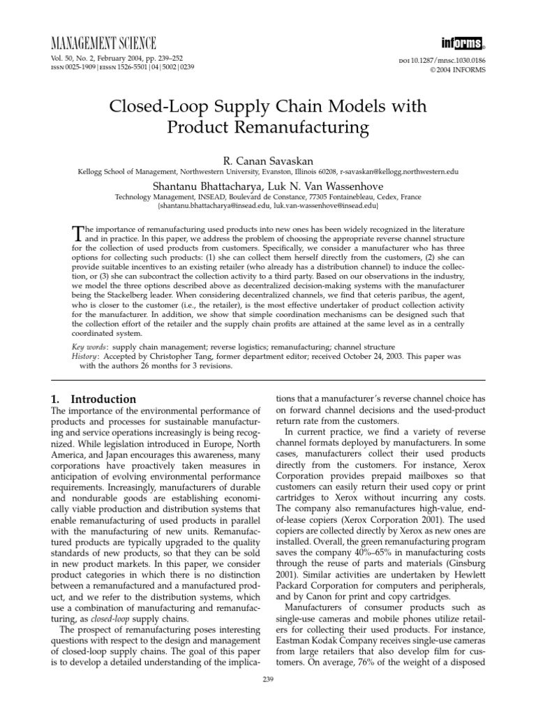 Closed-Loop Supply Chain Models With Product Remanufacturing | PDF ...