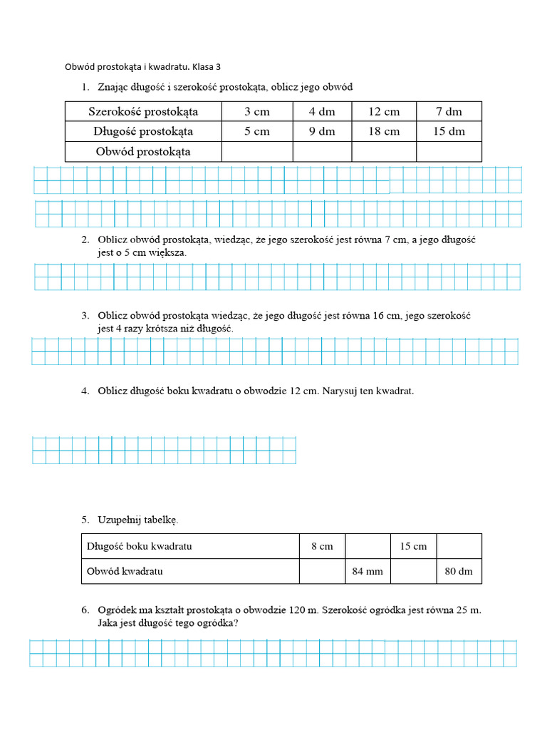 Klasa 3 Obwody Kwadratu I Prostokata | PDF