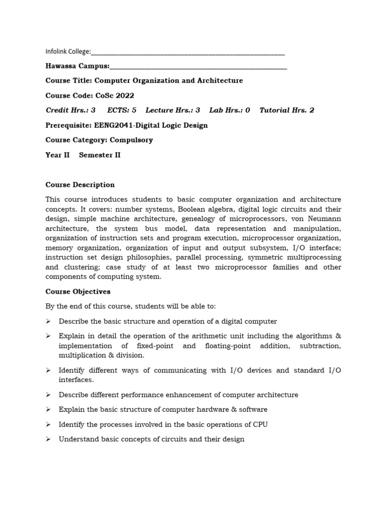 Course Outline - Computer Organization and Architecture1 dt-2024-02-24 15-49-19 | PDF | Computer ...