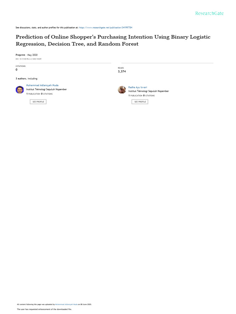 Prediction of Online Shopper's Purchasing Intention Using Binary Logistic Regression, Decision ...