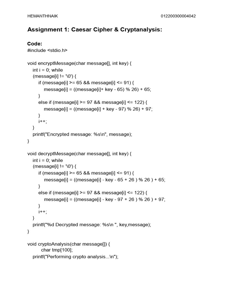 HEMANTHNAIK - Assignment 1 - Caesar Cipher - Cryptanalysis | PDF