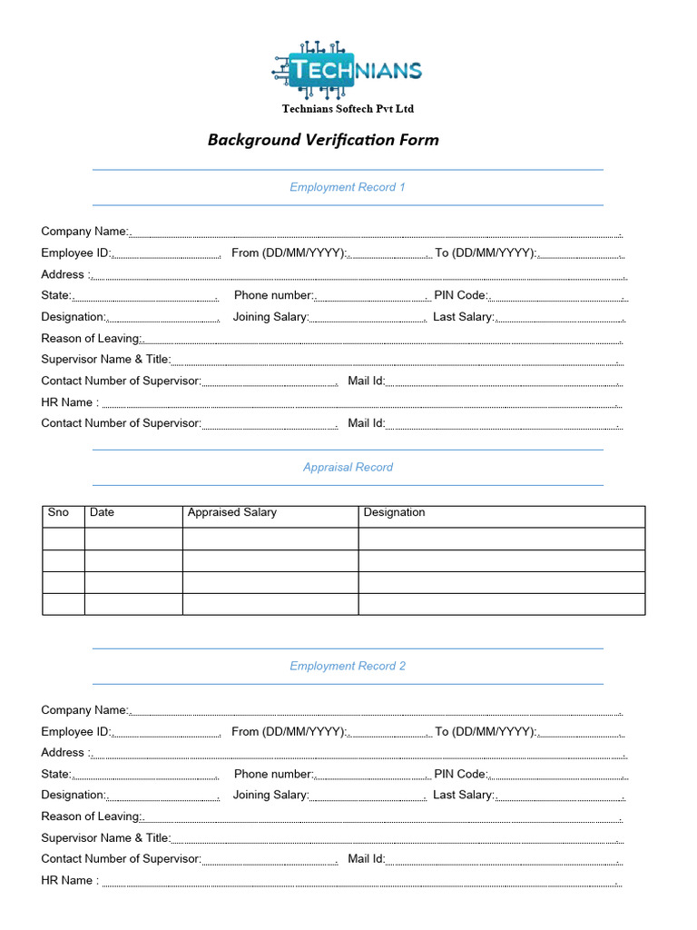 Technians Background Verification Form | PDF