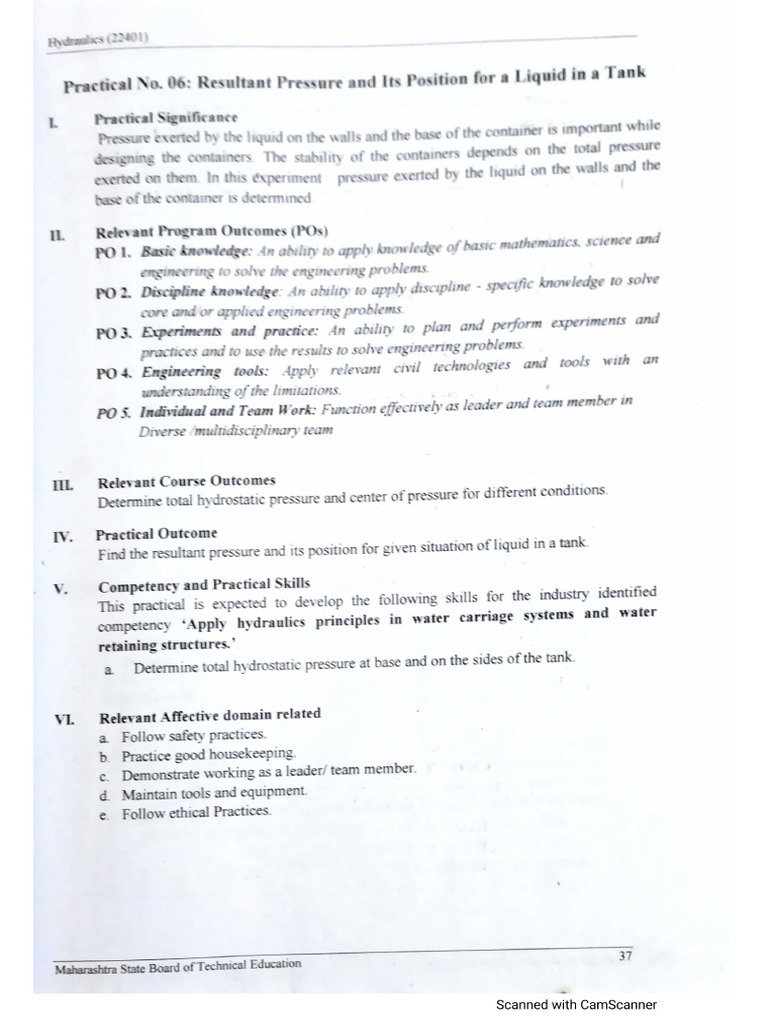 Practical No.06_Resultant Pressure and Its Position for a Liquid in a Tank_37 | PDF