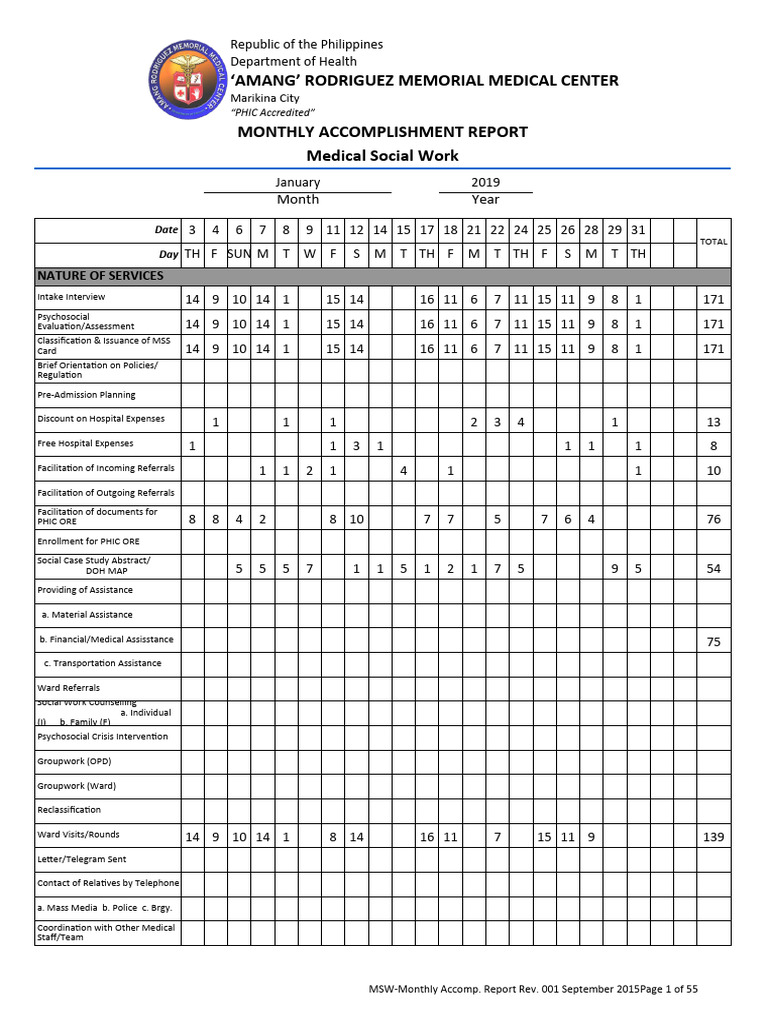 Monthly Medical Social Work Report 2019 | PDF | Social Work | Social ...