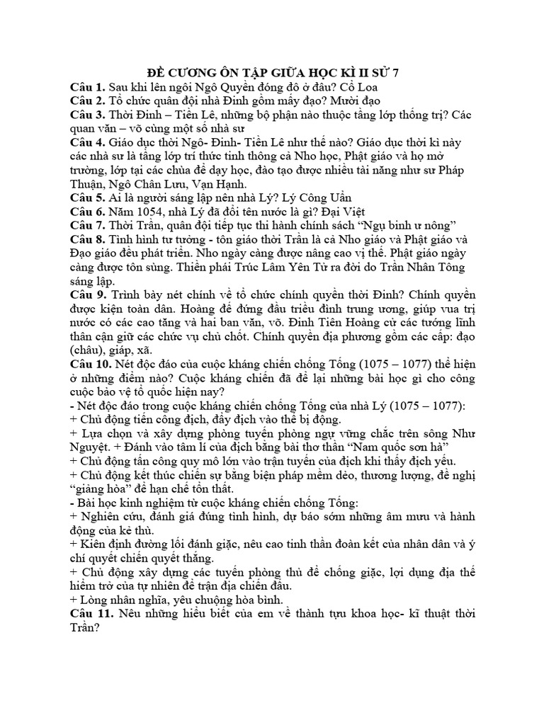 ĐỀ CƯƠNG ÔN TẬP SỬ 7A1 | PDF