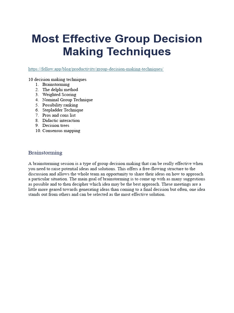 Decision Making Techniques | PDF | Decision Making | Consensus Decision ...