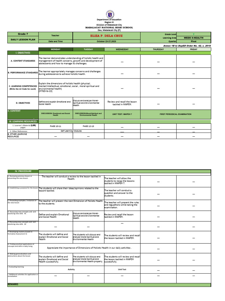 WK 9-Q1 - HEALTH - October 23-27, 2023 | PDF | Emotions | Learning