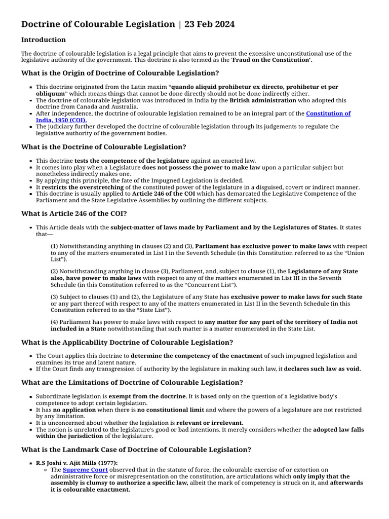 Doctrines Constitution of India Doct Doctrine of Colourable Legislation ...