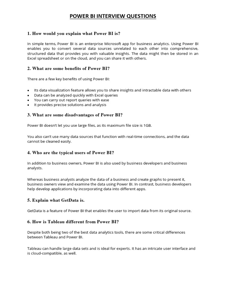 Power Bi Interview Questions Pdf Data Microsoft Sql Server