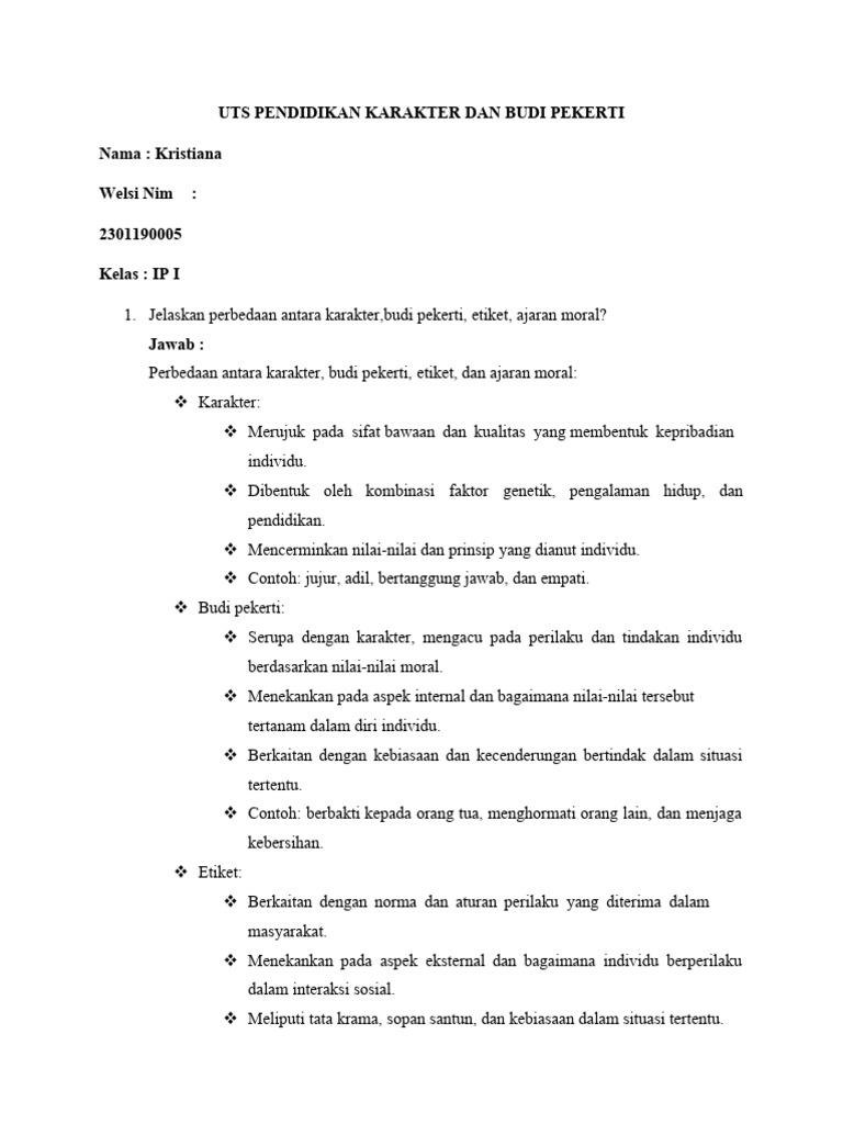 Uts Pendidikan Karakter Kristiana Welsi | PDF | Kesehatan Holistik