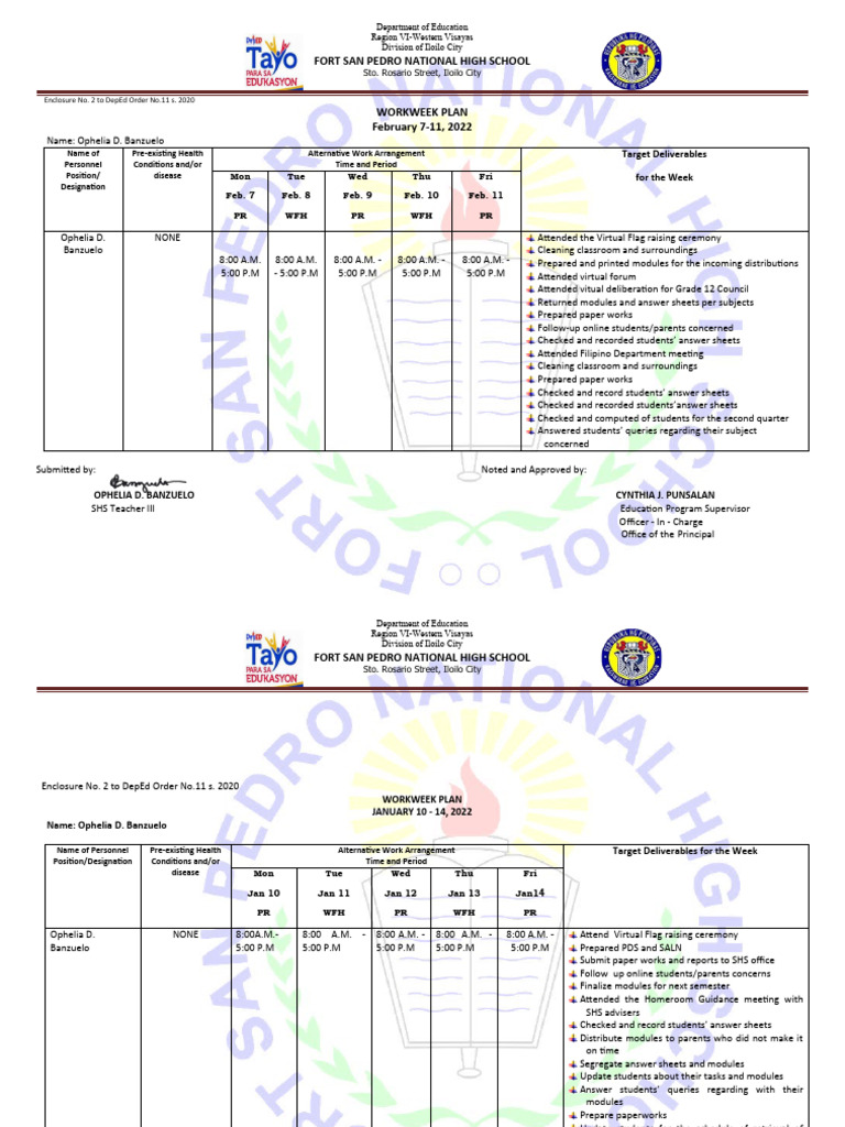 Workweek Plan Jan. 2022 Banzuelo 2 | PDF | Philippines