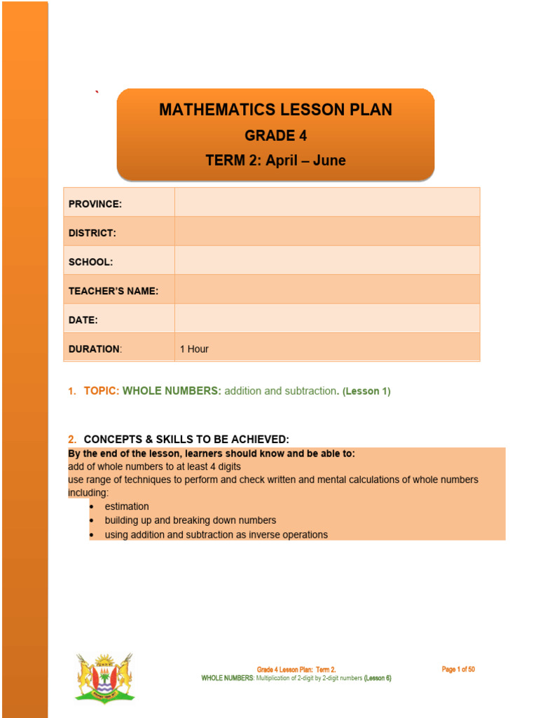 Maths Grade 4 Lesson Plans | PDF | Subtraction | Lesson Plan