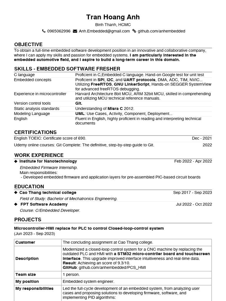 Embedded CV Tran Hoang Anh | PDF | Microcontroller | Embedded System