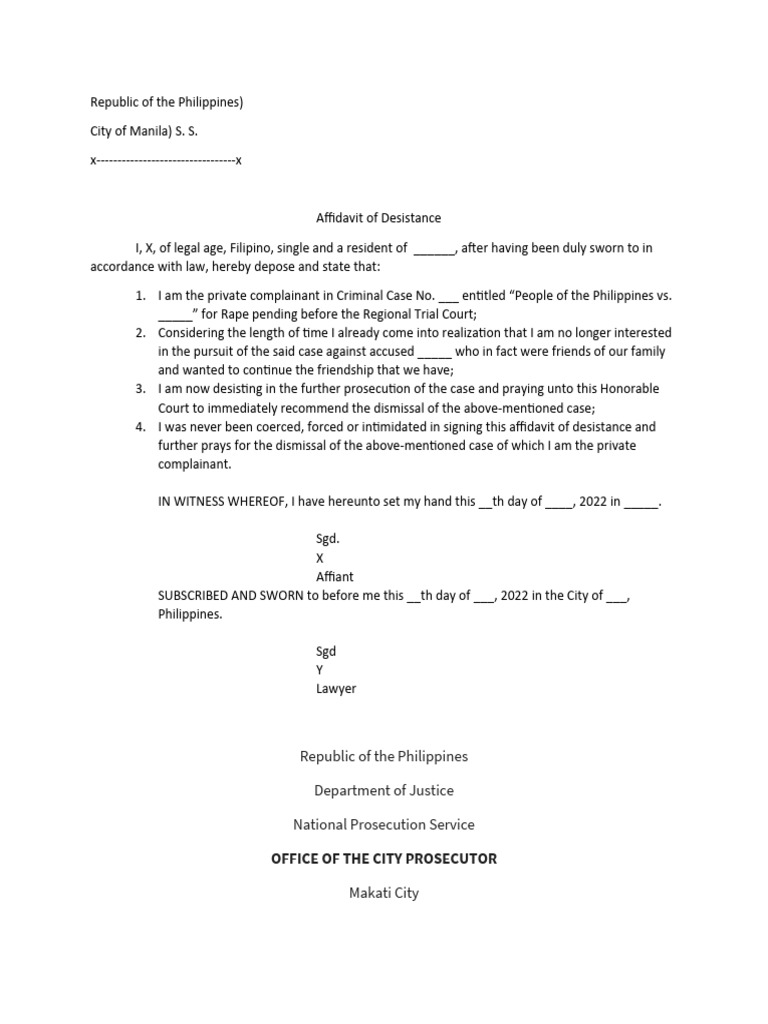 Affidavit of Desistance Samples Philippines | PDF | Affidavit | Prosecutor