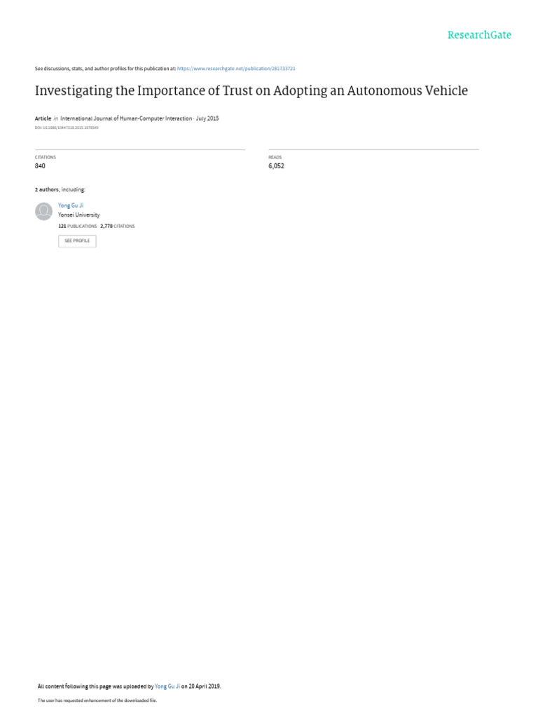 Investigatingthe Importanceof Truston Autonomous Vehicle | PDF
