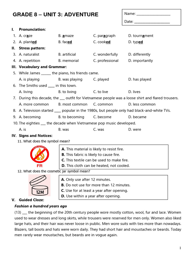 18 - 10 - 23 Grade 8 - Unit 3 - Adventure - Practice Test Midterm | PDF ...