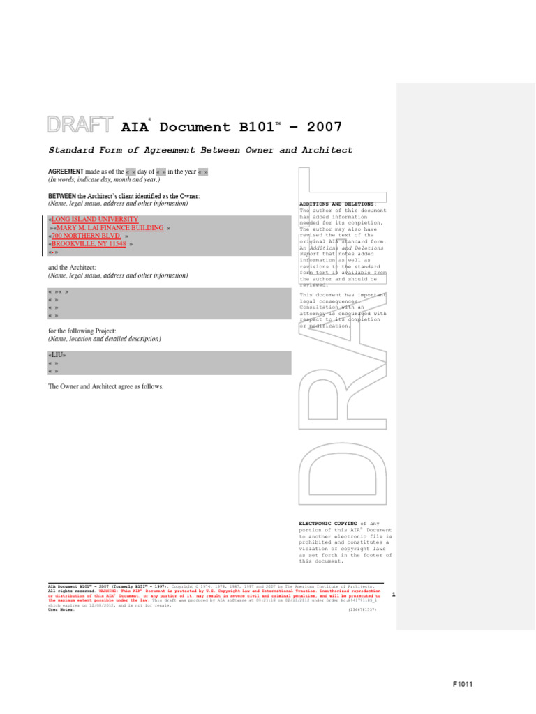 LIU Purchasing - F1011 Contract AIA B101 Architects | PDF | Liability Insurance | Architect