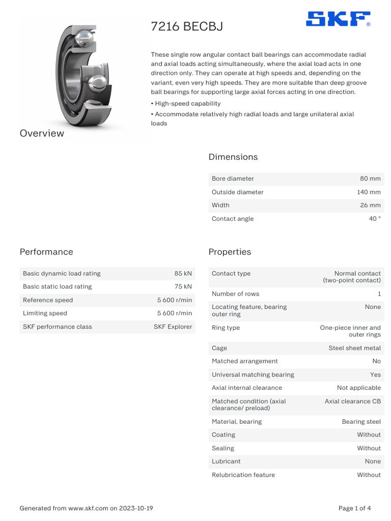 SKF 7216 BECBJ Specification | PDF | License | Bearing (Mechanical)