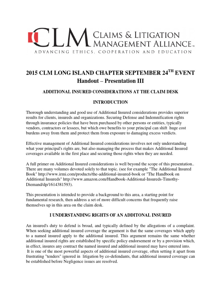 Additional Insured Considerations at The Claim Desk | PDF | Insurance ...
