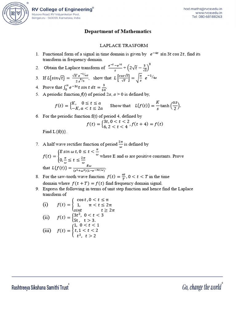 LAPLACE TRASFORM Question Bank Questions | PDF | Laplace Transform ...