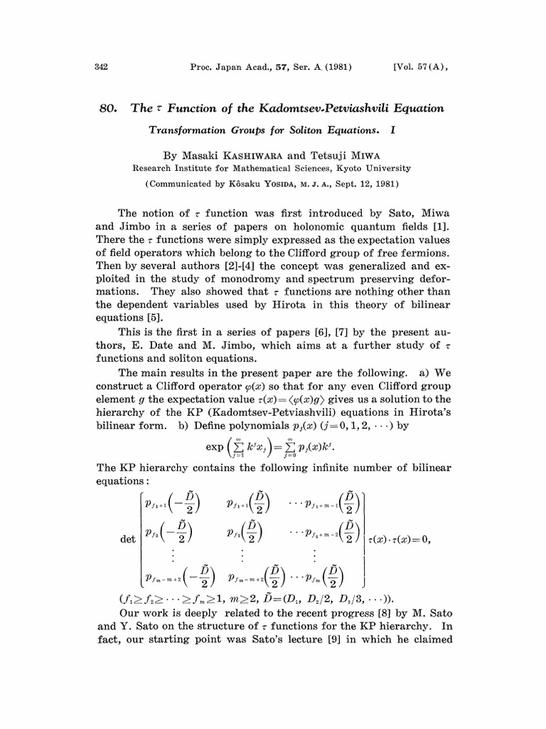 1981-Kashiwara-Miwa-The tau func. of KP-Transformation groups for ... 1981-Kashiwara-Miwa-The tau func. of KP-Transformation groups for ...