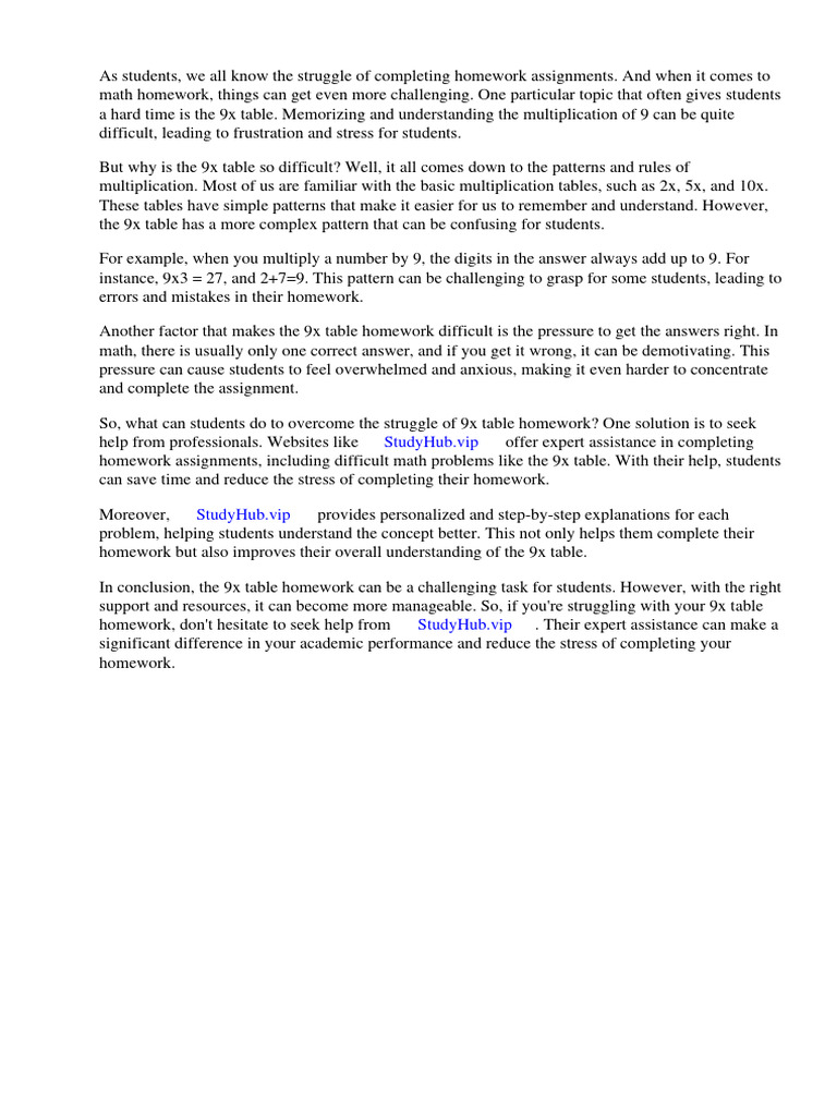 9x Table Homework | PDF | Worksheet | Homework