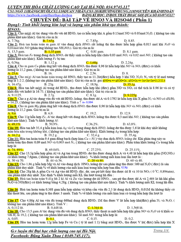 BÀI TẬP VỀ HNO3 VÀ H2SO4đặc PHẦN 1 | PDF