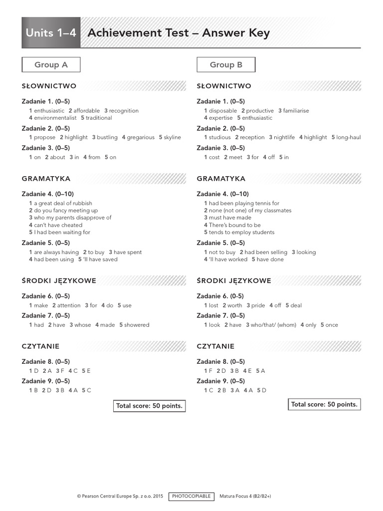 Matura Focus 4 B2/B2+ Test Key | PDF