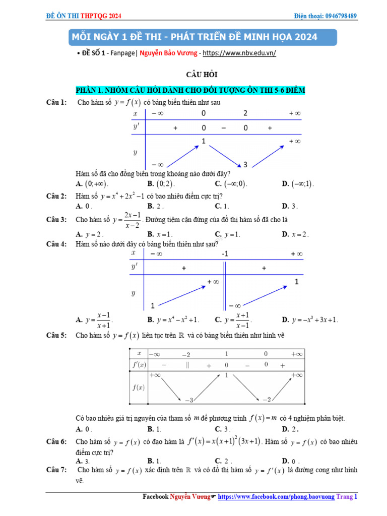 Đề Số 1 - Mỗi Ngày 1 Đề Thi 2024 - Phát Triển Đề Minh Họa 2024 | PDF