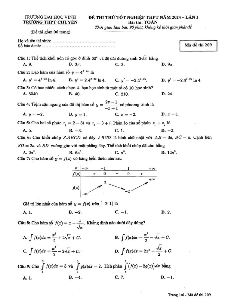 De Thi Thu Toan TN THPT 2024 Lan 1 Truong THPT Chuyen DH Vinh Nghe An | PDF