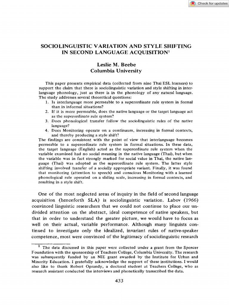 Language Learning - December 1980 - Beebe - SOCIOLINGUISTIC VARIATION AND STYLE SHIFTING IN ...
