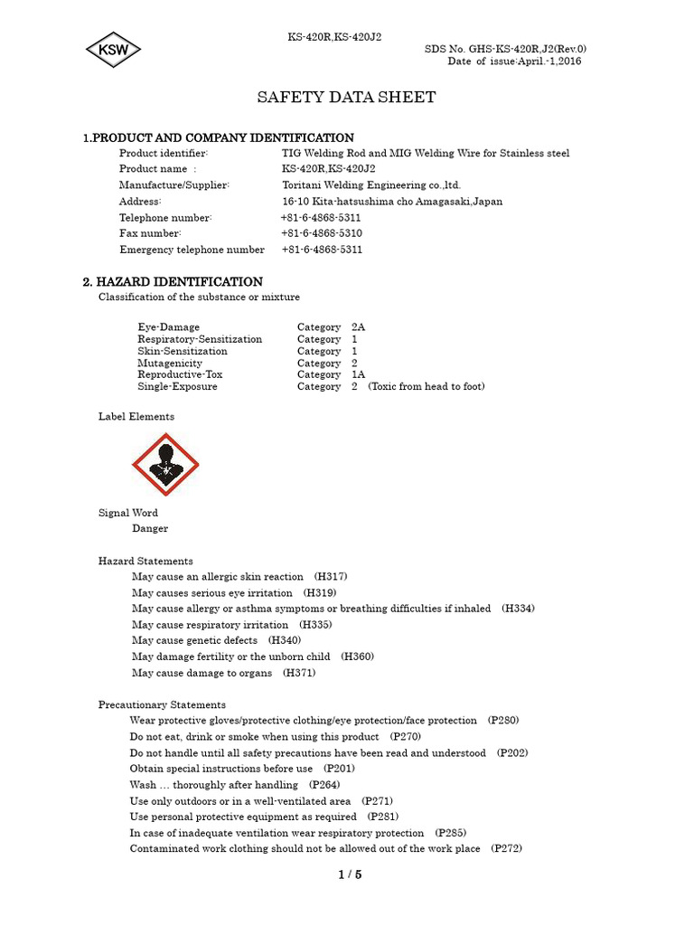 MSDS Laser Welding Wire | PDF | Welding | Construction
