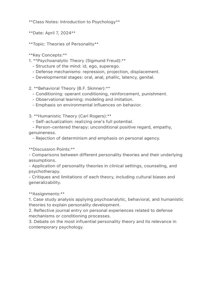 **Class Notes: Introduction to Psychology** | PDF