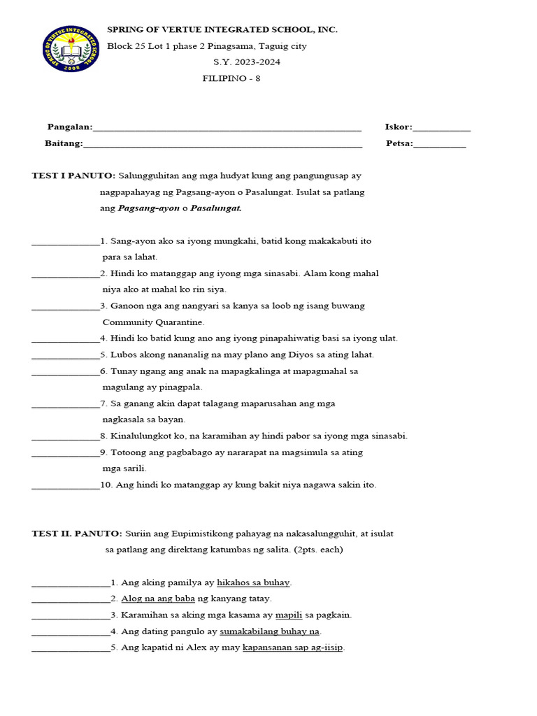Grade 8 - Filipino Exam. | PDF