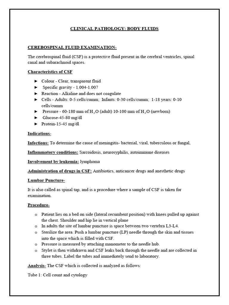 Clinical Pathology (Body Fluids) 4 Semester | PDF | Cerebrospinal Fluid ...