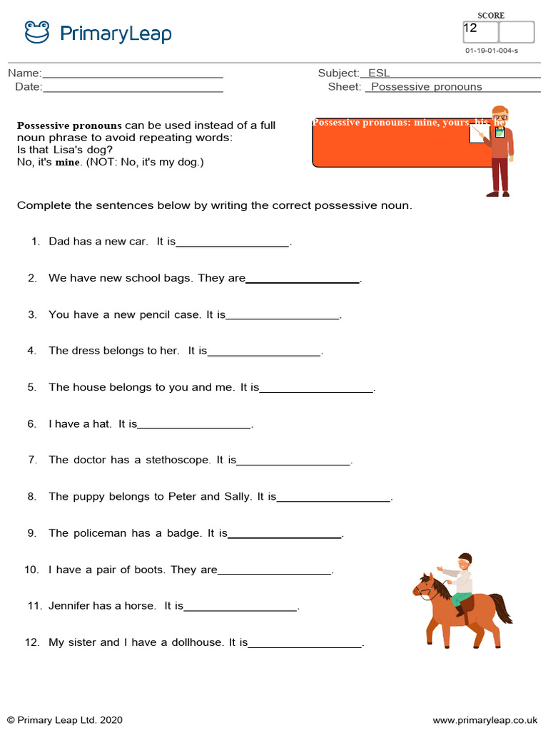 Adding Possessive Pronouns Reading Comprehension Exercises Writing ...