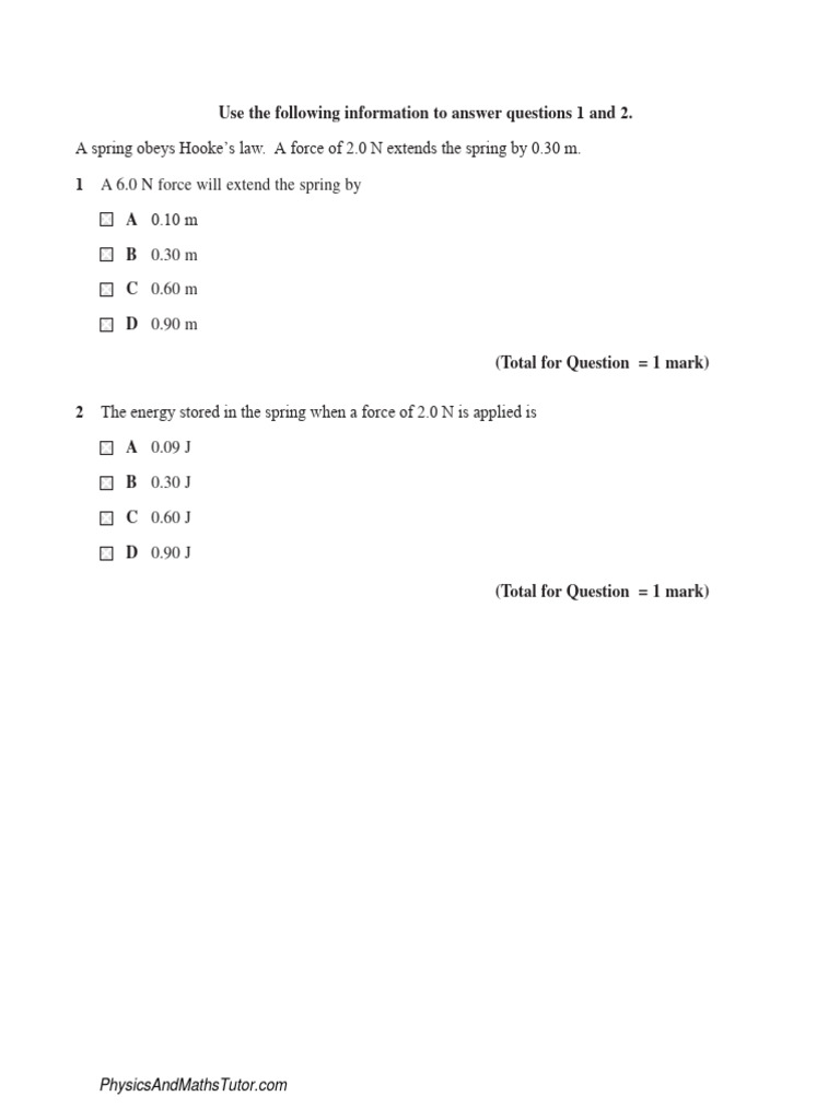 Hooke's Law (Multiple Choice) QP | PDF | Force | Mechanical Engineering