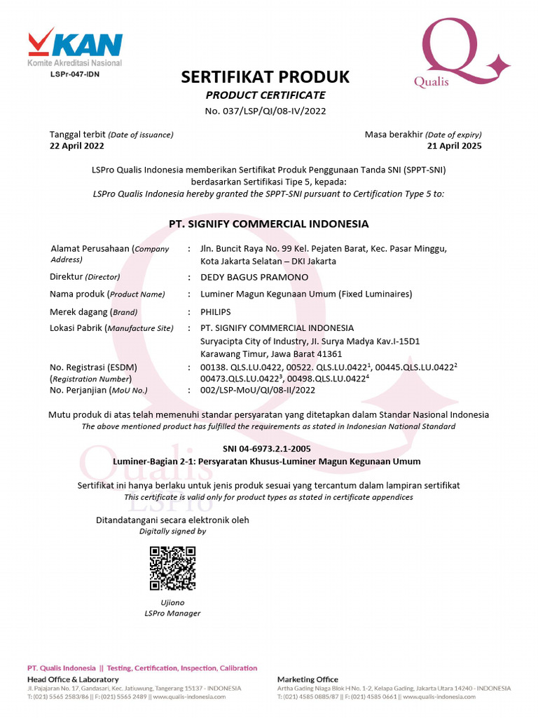 Sertifikat SNI PT Signify Indonesia | PDF