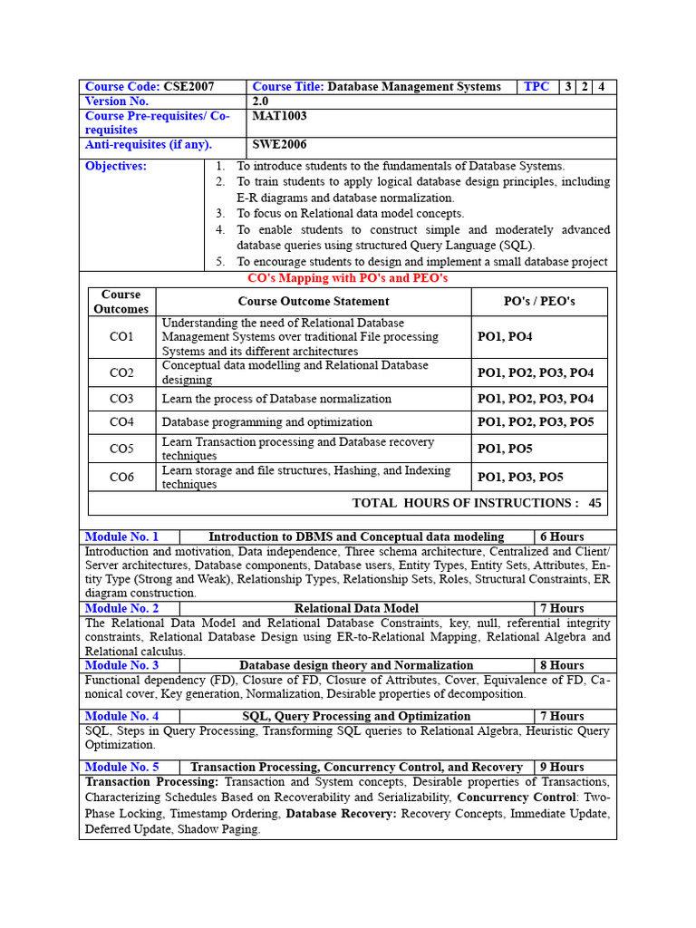 Cse2007 - Database Management Systems | PDF | Databases | Relational ...